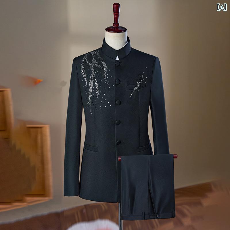 ・カテゴリ: 中山装・主な素材: ポリエステル・適用シーン: 宴会・カラー展開: 黒ジャケット・パンツセット、白ジャケット・パンツセット・サイズ展開: S、M、L、XL、XXL、XXXL・スタイル: 中国風・対象: 男性