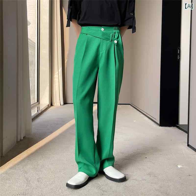 ・カテゴリ: スラックス・スタイル: ライトビジネス・パンツシルエット: ストレート・主な素材: ポリエステル95%・着用シーン: カジュアル・対象: 若年層・加工: アイロン不要・ディテール: ボタン装飾・カラー展開: グリーン、ブラック...