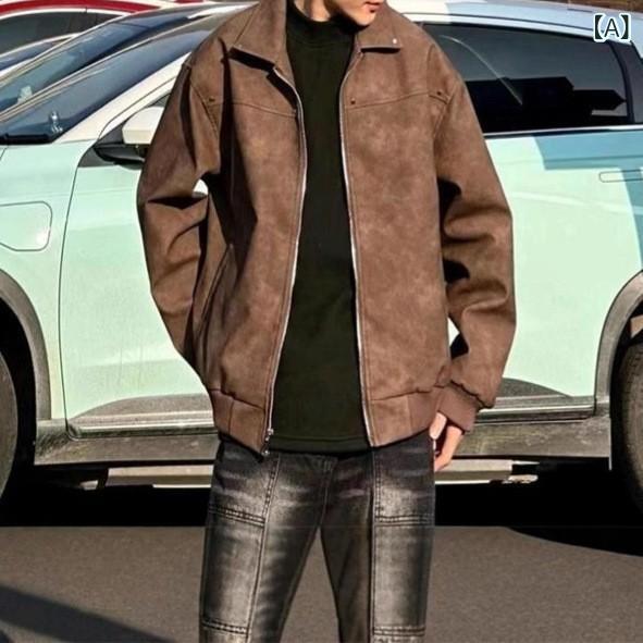 ・カテゴリ: レザージャケット・スタイル: 韓国ファッション・性別: メンズ・主な素材: PUレザー・裏地: ポリエステル・着用方法: アウター・衣丈: 普通丈 (50cm～65cm)・シルエット: ルーズフィット・ネックライン: 襟付き・...
