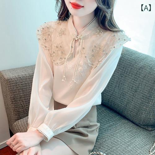 ・カテゴリ: シャツ・スタイル: きれいめオフィス・種類: プルオーバー・素材: シフォン・主な素材: ポリエステル30～49%・ネックライン: スタンドカラー・袖丈: 長袖・袖の形: レギュラー袖・着丈: ミドル丈・シルエット: ゆったり...