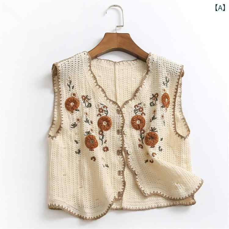 ・カテゴリ: ベスト・スタイル: レトロ、エスニック・: 前開き・要素: かぎ針編み・シルエット: ゆったり・前立て: シングルボタン・主な素材: 綿90-95%・着丈: ショート (40-50cm)・ネックライン: Vネック・柄: 植物、...