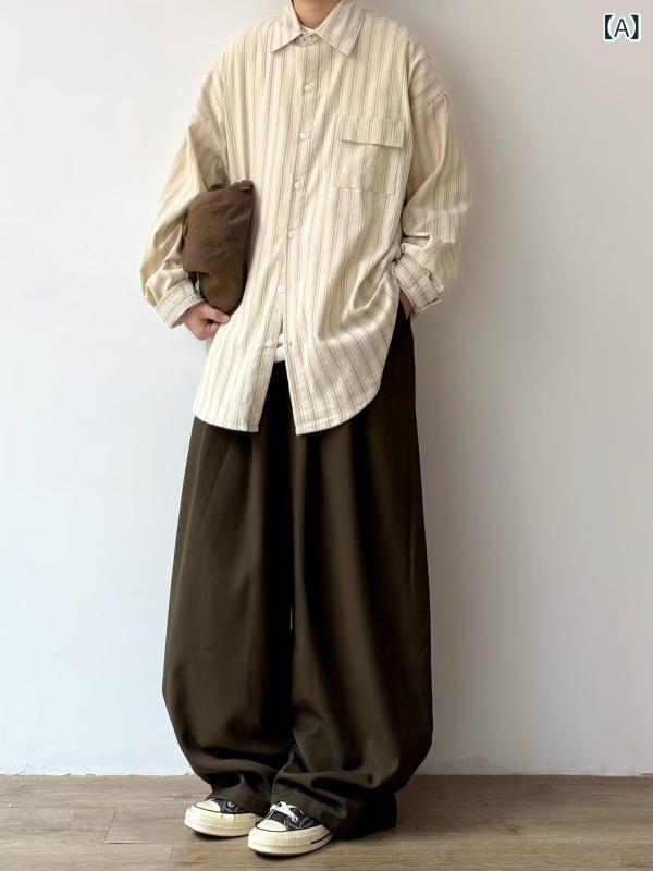 ・カテゴリ: シャツ・スタイル: オープンフロント・主な素材: ポリエステル31%〜50%・生地の厚さ: 20番手・フィット: ルーズ・ネックライン: レギュラーカラー・袖丈: 長袖・柄: ストライプ・厚さ: 普通・ディテール: ポケット付...