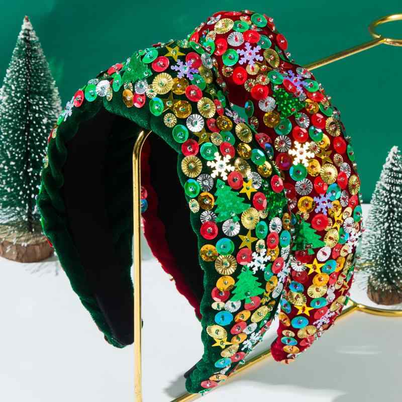 ・素材: 布、スパンコール・加工方法: 純手作り・カラー: グリーン・人気要素: 雪の結晶、クリスマスツリー・スタイル: クリスマス・形状: ヘアバンド・カテゴリ: 頭飾・対象: 女性