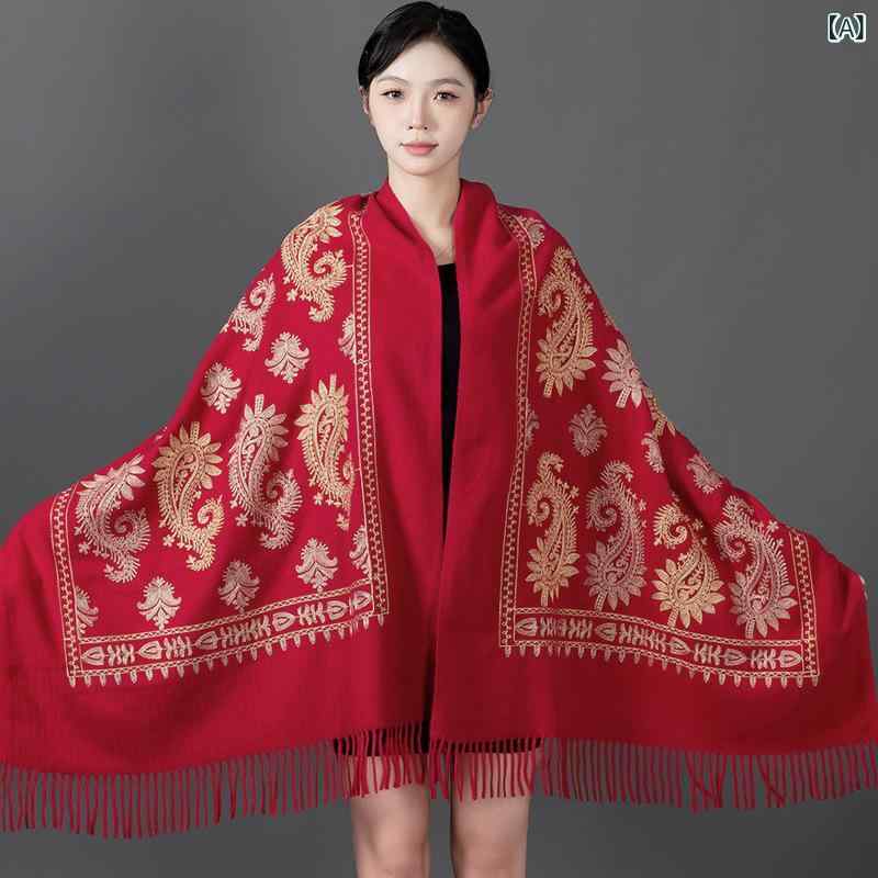 ・素材: 風刺繍・織り方: 経編み・機能: 保温・スタイル: ロング丈・テイスト: 民族風、文芸レトロ・要素: トーテム・用途: お出かけ用ショール・サイズ: 約70cm×200cm・カラー展開: 鯨魚腰果-デニムブルー, 鯨魚腰果-棗レッ...