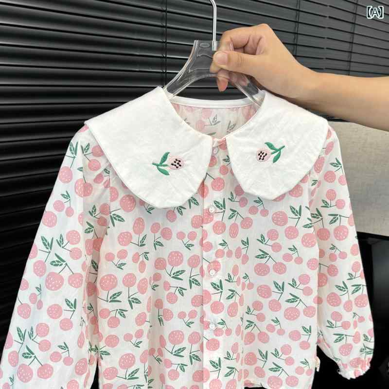 ・カテゴリ: 子供用ブラウス・性別: 女性・対象年齢: 3～8歳・身長目安: 100～140cm・スタイル: カジュアル・主な素材: 綿・ネックライン: クルーネック・袖丈: 長袖・柄: チェリー総柄