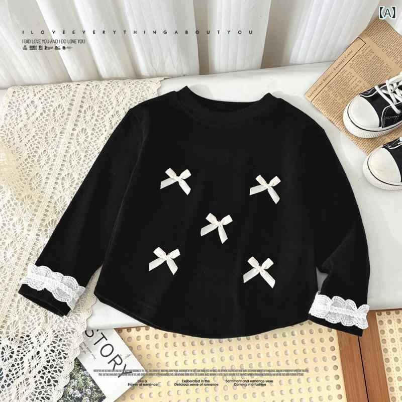 ・主な素材: ポリエステル95%・スタイル: カジュアル・対象: 女児・対象年齢: 3〜8歳・袖丈: 長袖・柄: 無地・加工: 柔軟加工・デザイン要素: レース、リボン・カラー展開: ブラック、ホワイト・サイズ展開: 80cm、90cm、1...