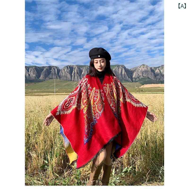 ・カテゴリ: プルオーバーポンチョ・性別: ユニセックス・素材: フェイク・カラー展開: レッド・スタイル: 日韓風スイート・長さ: 標準・柄: 幾何学模様・機能: 保温・要素: フリンジ