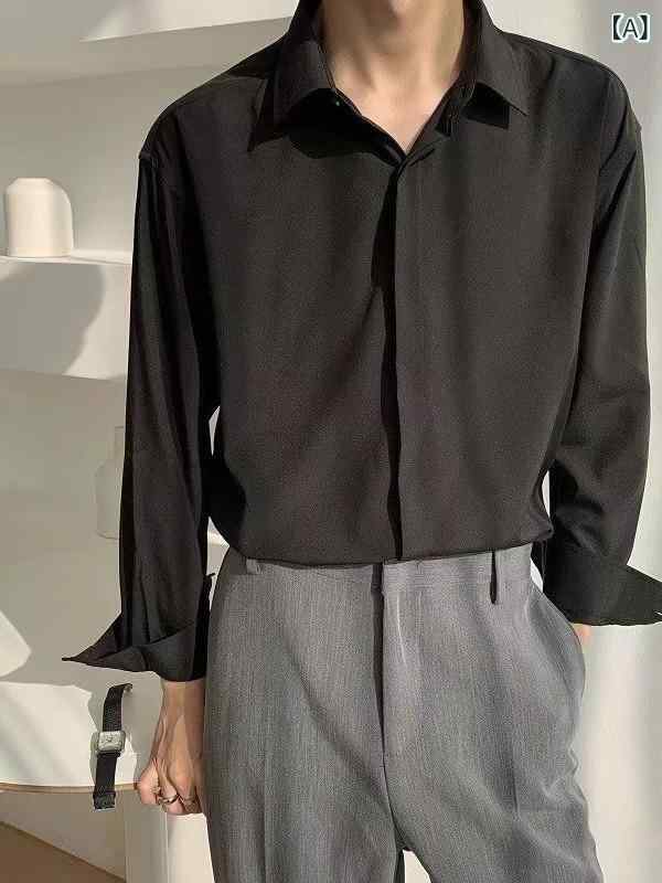 ・カテゴリ: シャツ ・主な素材: ポリエステル95% ・スタイル: 香港風 ・: 開襟シャツ ・フィット: ゆったり ・襟型: 襟付き ・袖丈: 長袖 ・柄: 無地 ・厚み: 普通 ・ポイント: ステッチ ・着用シーン: カジュアル ・カ...