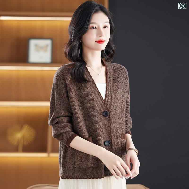 ・カテゴリ: ニットカーディガン・主な素材: 羊毛 30%以下・柄: 切り替え・厚さ: 厚手・セット形式: 単品・フィット: ルーズフィット・袖タイプ: レギュラー袖・ネックライン: Vネック・袖丈: 長袖・特徴: 立体装飾・着丈: ショー...