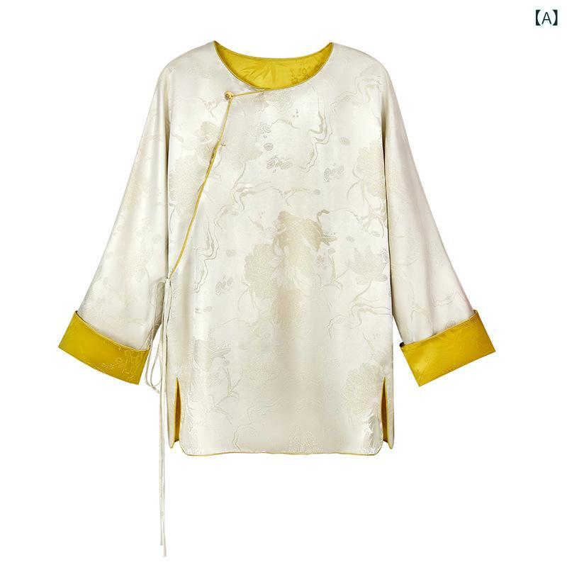 ・カラー: ベージュ・サイズ展開: L、XL・主な素材: 桑蚕 約30〜50%、レーヨン 約30〜50%・裏地: ポリエステル・スタイル: チャイニーズスタイル、レトロ、エレガント・要素: ボタン・技法: ジャカード織り