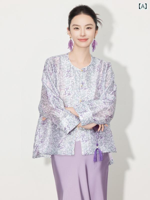 ・カテゴリ: シャツ・スタイル: ベーシック、文芸レトロ、チャイナ風・主な素材: ポリエステル 30〜49%・柄: 植物花柄、彩色ペイント・着丈: ミドル丈 (約50cm〜65cm)・ネックライン: クルーネック・袖丈: 長袖・前開き: ボ...