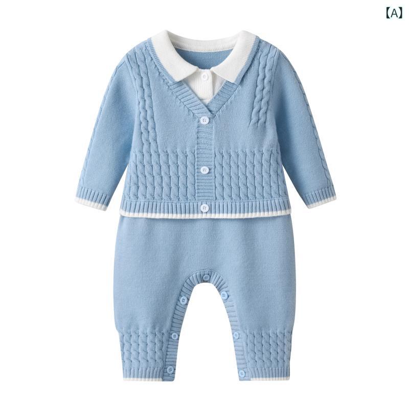 ・等級: A・生地: ニット・対象年齢: 新生児 (0-1歳、身長80cm以下)・性別: 男児・袖丈: 長袖・厚さ: 普通・主な素材: ビスコース繊維 50%・開閉: シングルボタン・スタイル: 韓国・: ロンパース・カラー: スカイブルー...