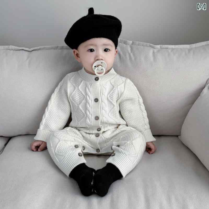 ・等級: ・生地: ニット・対象: 乳幼児（1〜3歳）・性別: 男女兼用・袖丈: 長袖・厚さ: 厚手・主な素材: アクリル50%・開閉タイプ: シングルボタン・スタイル: 韓国・カテゴリ: ロンパース・カラー展開: ベージュ、カーキ・サイズ...