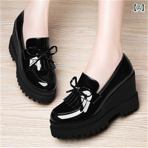 ・スタイル: ブリティッシュ・流行要素: リボン・アッパー素材: PU・ヒール高: ウェッジヒール 4〜6cm・カラー展開: ブラック、ワインレッド・サイズ展開: 34、35、36、37、38、39、40・履き口: 深め・カテゴリ: 厚底靴...