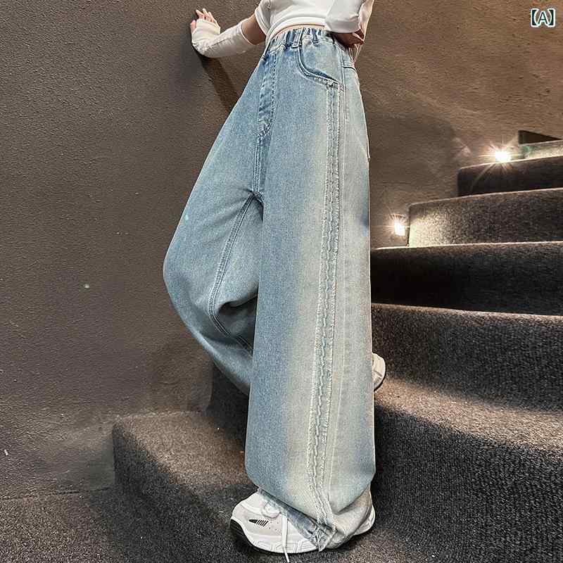 ・スタイル: 韓国・主な素材: デニム（ポリエステル80%）・丈: ロング・性別: 女の子・対象年齢: 8歳以上・着用シーズン: 春秋・カテゴリ: デニムパンツ・柄: 無地・: トレンド・ウエスト: ハイウエスト・ウエスト仕様: ゴム・カラ...