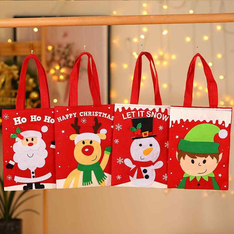 ・素材: 布・カテゴリ: クリスマス・工芸: 縫製・仕様: 赤いアップリケトートバッグ（老人）、赤いアップリケトートバッグ（雪だるま）、赤いアップリケトートバッグ（小鹿）、赤いアップリケトートバッグ（エルフ）・適用祝日: クリスマス