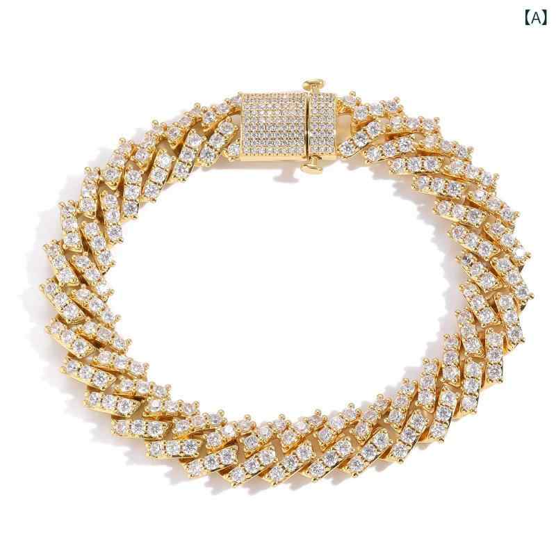 ・カテゴリ: ブレスレット・スタイル: ヒップホップ・対象: 男性・素材: 銅・加工: キュービックジルコニア埋め込み・形状: 幾何学・デザイン要素: チェーン・幅: 約12mm・カラー展開: ゴールド、シルバー・サイズ展開: 7インチ（約...