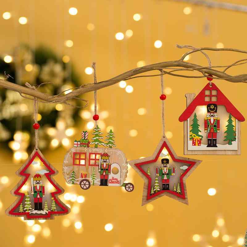 ・素材: 木材・カテゴリ: 発光オーナメント・加工方法: レーザーカット・デザイン: クリスマスツリー、家、車、星・適用イベント: クリスマス