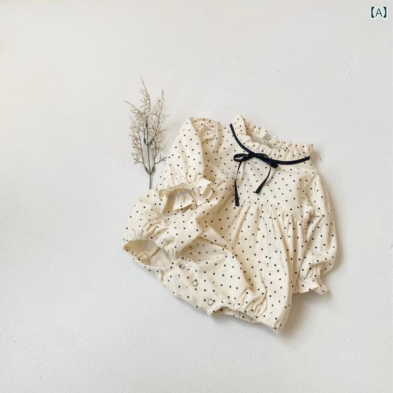・カテゴリ: ロンパース・スタイル: 韓国・主な素材: 綿・対象年齢: 乳幼児(1〜3歳向け)・対象性別: 女児・袖丈: 長袖・留め具: スナップボタン・カラー: アプリコット黒ドット・サイズ展開: 66cm, 73cm, 80cm, 90cm
