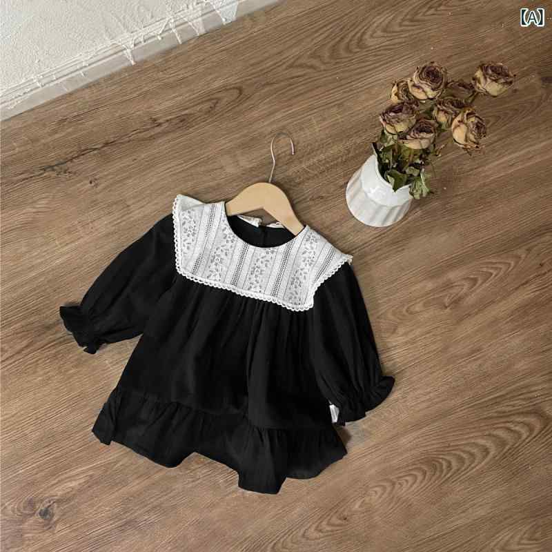 ・スタイル: 韓国・主な素材: 綿・カテゴリ: ワンピース・性別: 女の子・対象年齢: 幼児 (1～3歳向け)・柄: 無地・生地加工: 柔軟加工・シーズン: 春、秋・袖丈: 長袖・裾: フリル・要素: プリンセス・カラー展開: ブラック、ダ...