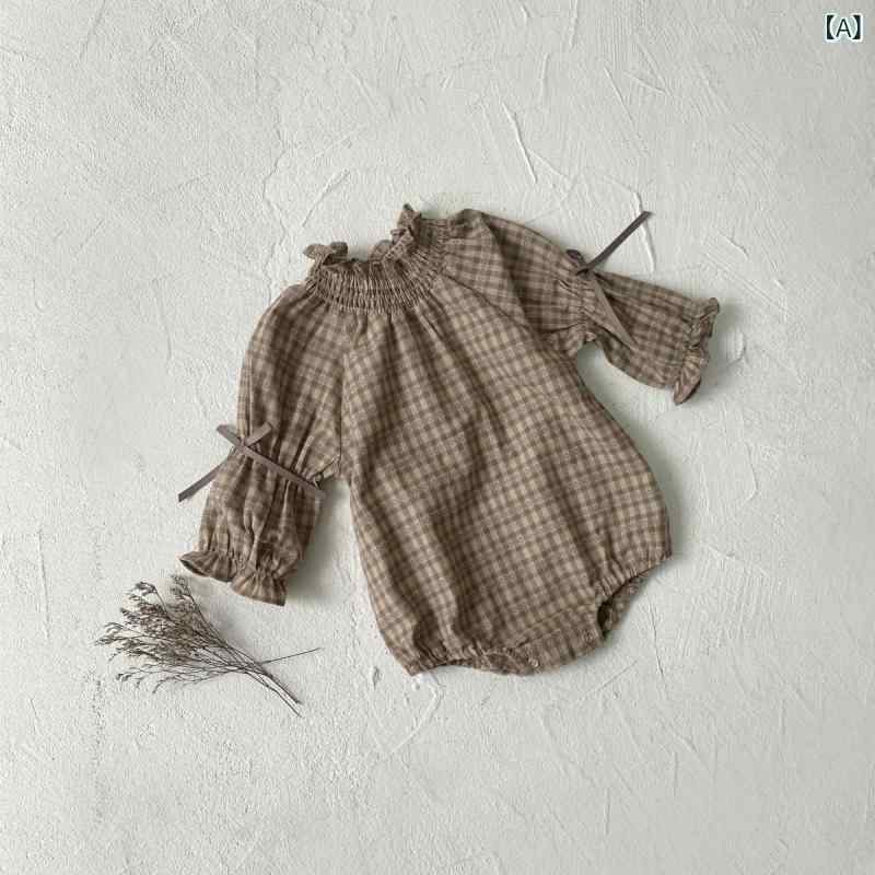 ・カテゴリ: ロンパース・スタイル: 韓国・主な素材: 綿・袖丈: 長袖・柄: チェック・カラー展開: 紫、茶・サイズ展開: 66cm、73cm、80cm、90cm・対象年齢: 1～3歳向け・性別: 女児・開閉タイプ: プルオーバー