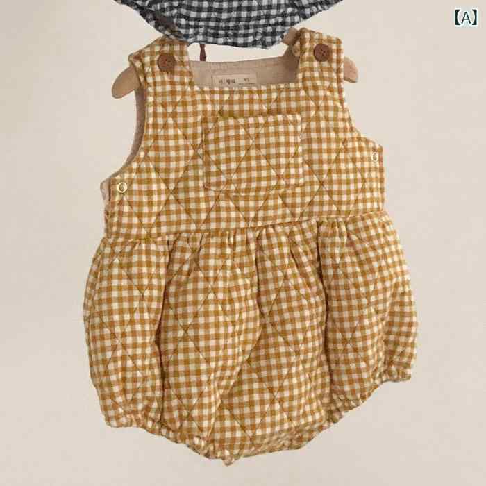 ・カテゴリ: ロンパース・主な素材: 綿95%・対象年齢: 新生児 (0〜1歳)・性別: 女の子・袖丈: ノースリーブ・厚さ: 厚手・留め具: プルオーバー・スタイル: 韓国・カラー展開: 黄色チェック、黒色チェック・サイズ展開: 66cm...