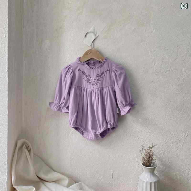 ・カテゴリ: ロンパース・主な素材: 綿・性別: 女児用・袖丈: 長袖・厚さ: 普通・開閉タイプ: プルオーバー・スタイル: 韓国・カラー: パープル・サイズ展開: 66cm, 73cm, 80cm, 90cm