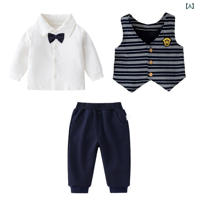 ・カテゴリ: 子供服セット・性別: 男の子・セットタイプ: パンツセット・セット内容: 3点セット・スタイル: ブリティッシュ・季節: 冬、秋・袖丈: 長袖・パンツ丈: 長ズボン・フード: なし・主な素材: 綿80%・生地加工: 起毛、ソフ...