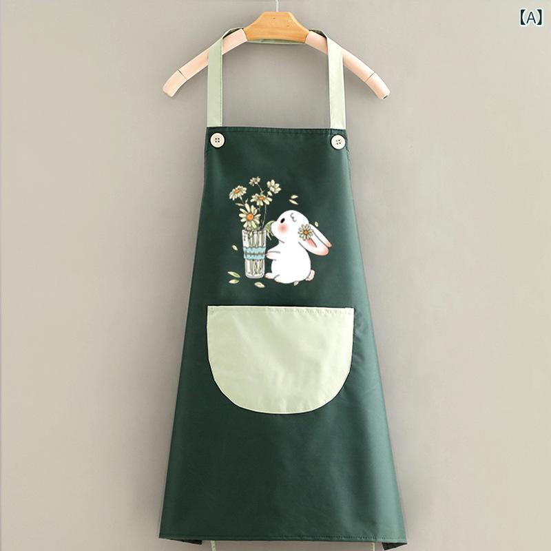 ・カテゴリ: エプロン・素材: PVC・機能: 防水、拭き手機能付き・サイズ: フリーサイズ・スタイル: ファッション・ネックライン: ホルターネック・袖丈: 長袖・柄: 花瓶うさぎ・カラー展開: ダークグリーン、グリーン