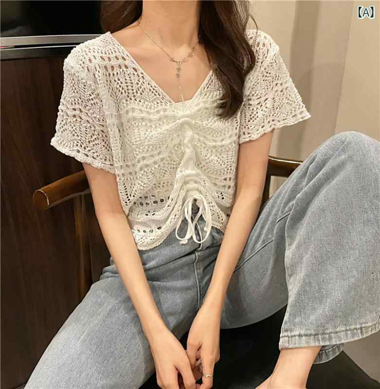 ・カテゴリ: ニットトップス・スタイル: スウィート、カジュアル・主な素材: 模造綿、綿30%以下・ネックライン: Vネック・袖丈: 半袖・柄: 無地・厚さ: 薄手・フィット: スリムフィット・袖タイプ: レギュラー袖・: パッチワーク・着...