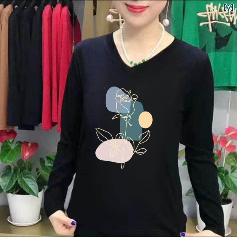 ・カテゴリ: Tシャツ・タイプ: プルオーバー・スタイル: きれいめカジュアル・主な素材: 綿90-95%、スパンデックス・ネックライン: Vネック・袖丈: 長袖・袖タイプ: レギュラー・柄: 植物、花柄・加工: プリント・装飾: スパンコ...