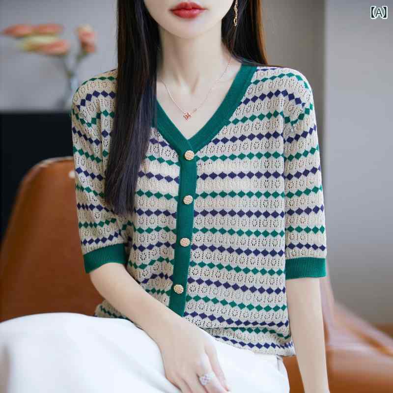 ・カテゴリ: セーター・主な素材: 再生セルロース繊維・柄: 無地・厚さ: 薄手・商品構成: 単品・シルエット: ストレート・袖タイプ: レギュラー・ネックライン: Vネック・袖丈: 五分袖・: 配色切り替え・着丈: 普通丈 (50cm～6...