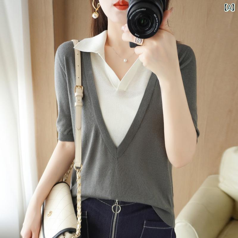 ・カテゴリ: ニット・スタイル: クールエレガント・スタイルタイプ: エレガントカジュアル・組み合わせ: 単品・フィット: ルーズフィット・袖タイプ: レギュラー・ネックライン: ポロ襟・袖丈: 五分袖・着用方法: プルオーバー・前合わせ:...