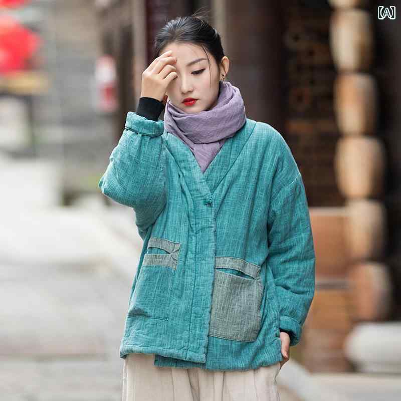 ・カテゴリ: 中綿ジャケット・スタイル: レトロモダン・テイスト: 禅テイスト・性別: レディース・対象: 大人・主な素材: 麻50～70%、綿30～50%・生地素材: リネン加工生地・中綿: フェイクコットン・厚さ: 厚手・ネックライン:...