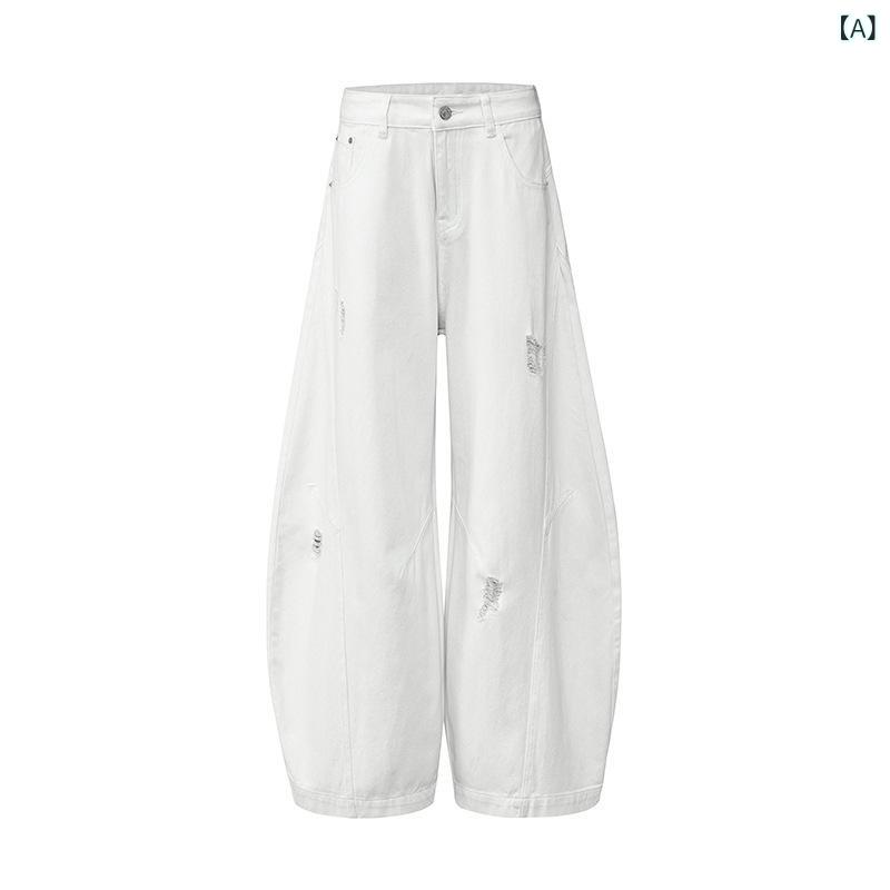 ・カテゴリ: デニムパンツ・スタイル: ストリートカジュアル・シルエット: ワイド、カーブ・丈: フルレングス・ウエスト: ミドルウエスト・厚さ: レギュラー・要素: ボタン・加工: ハンドダメージ・主な素材: 綿90-95%、ポリエステル...