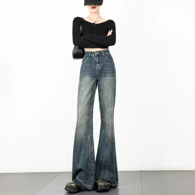 ・カテゴリ: ジーンズ・スタイル: レトロ・素材: デニム・主な素材: ポリエステル80%〜90%未満・シルエット: ブーツカット、ワイドフレア・丈: ロング丈・ウエスト: ハイウエスト・厚さ: 普通・: ダメージ加工・伸縮性: 微ストレッ...