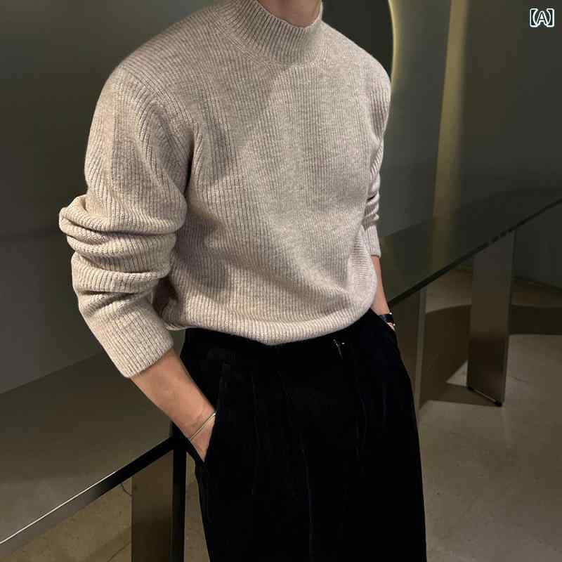 ・カテゴリ: ニット・性別: メンズ・対象: ティーンエイジャー、成人・: プルオーバー・フィット: ルーズ・ネックライン: モックネック・袖丈: 長袖・厚さ: 標準・テイスト: 韓国ファッション・ディテール: リブ裾・着用シーン: カジュ...