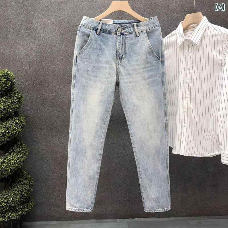 ・カテゴリ: デニムパンツ・対象: メンズ・スタイル: 韓国・: ベーシック・主な素材: 綿50%-70%・シルエット: テーパード・パンツ丈: 9分丈・ウエスト: ミドルライズ・フロント: ボタンフライ・厚さ: 普通・加工: ウォッシュ加...