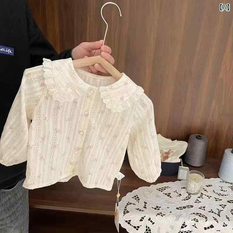 ・カテゴリ: 子供用シャツ・性別: 女性・対象年齢: 3～8歳 (100～140cm)・スタイル: スウィート・ネックライン: 襟付き丸首・生地加工: プリーツ、ソフト加工・袖丈: 長袖・柄: ストライプ、花・着用シーズン: 春秋・要素: ...