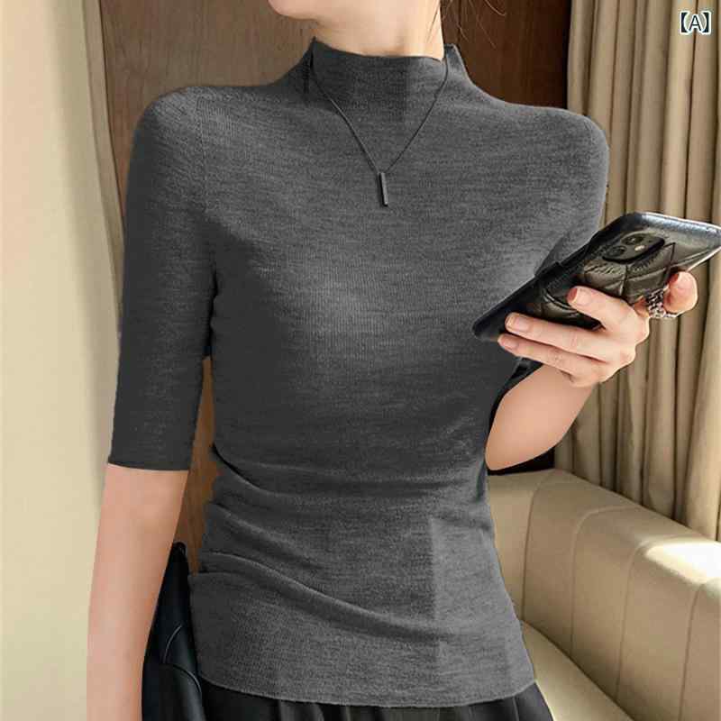 ・カテゴリ: ニット・タイプ: プルオーバー・フィット: スリム・着丈: 普通・ネックライン: ハイネック・袖タイプ: レギュラー・袖丈: 五分袖・厚さ: 薄手・: リブ・加工: シルケット・カラー展開: ダークグレー、ブラック、ベージュ、...