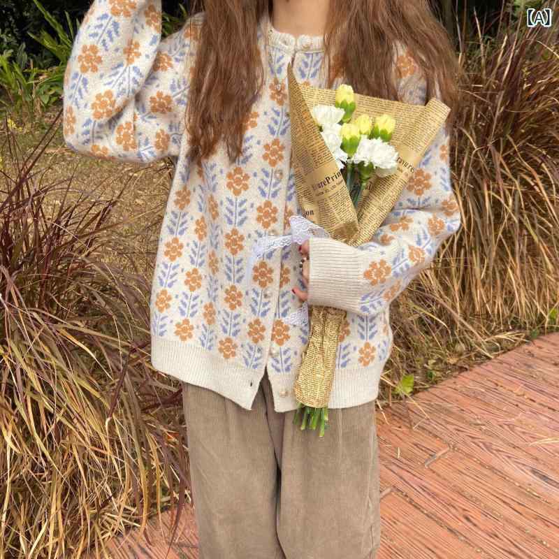 ・カテゴリ: ニットカーディガン・スタイル: レトロ、フェミニン・主な素材: アクリル30〜49%・柄: 花柄・厚さ: 普通・シルエット: レギュラー・着丈: ミドル丈・ネックライン: クルーネック・袖丈: 長袖・袖タイプ: レギュラー・カ...