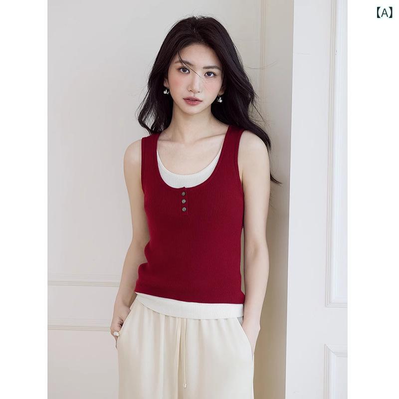 ・カテゴリ: ニット・スタイル: 日韓カジュアル・主な素材: ポリエステル・ネックライン: Uネック・袖丈: ノースリーブ・着丈: レギュラー・柄: 無地・厚さ: 普通・: フェイクレイヤード・加工: 切り替え・前立て: ボタン・カラー: ...