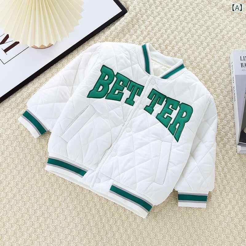 ・カテゴリ: キッズ中綿ジャケット・対象: 男児・対象年齢: 1～3歳 (身長80～100cm)・スタイル: カジュアル・主な素材: ポリエステル・裏地素材: ポリエステル・カラー展開: ホワイト、ブラック・サイズ展開: 90cm、100c...