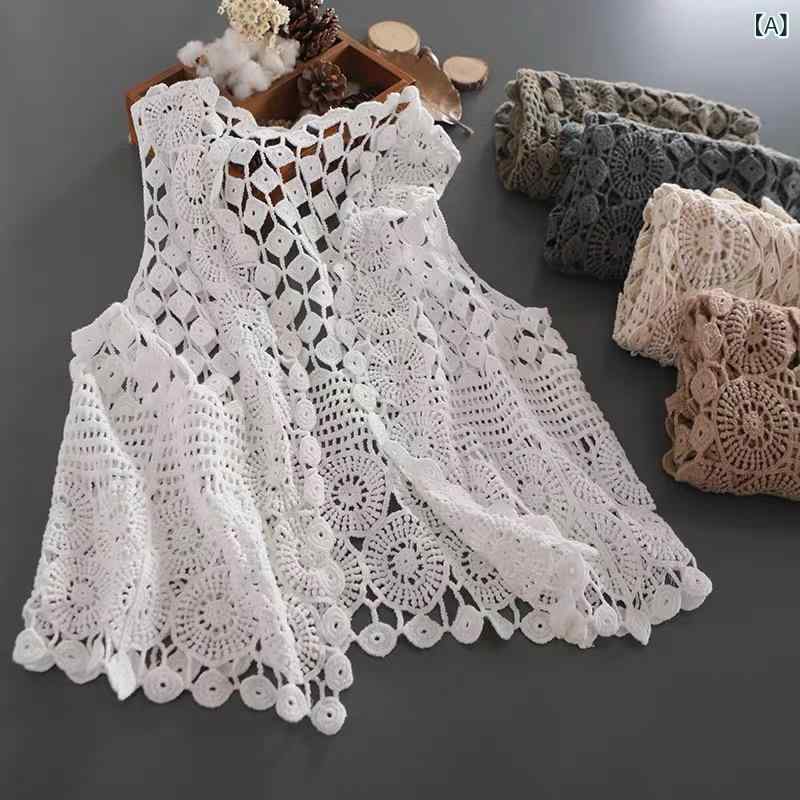 ・カテゴリ: ニット・主な素材: ニット・柄: 無地・厚さ: 薄手・スタイル: レトロカーディガン・フィット: ルーズフィット・ネックライン: Vネック・袖丈: ノースリーブ・要素: 透かし編み・着丈: ミドル丈 (約50cm～65cm)・...