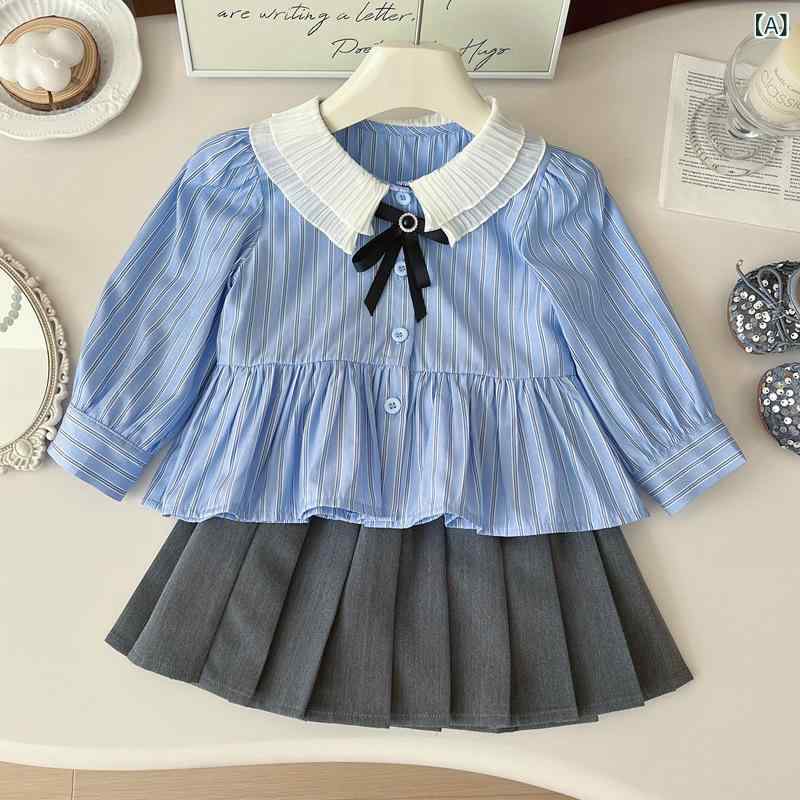・対象: 女性・スタイル: スクール・セットアップ種類: スカートセット・セット内容: 2点セット・対象年齢: 3〜8歳・袖丈: 長袖・生地加工: 柔軟処理・厚さ: 普通・柄: ストライプ・デザイン要素: セットアップ、ストライプ、蝶結び、...