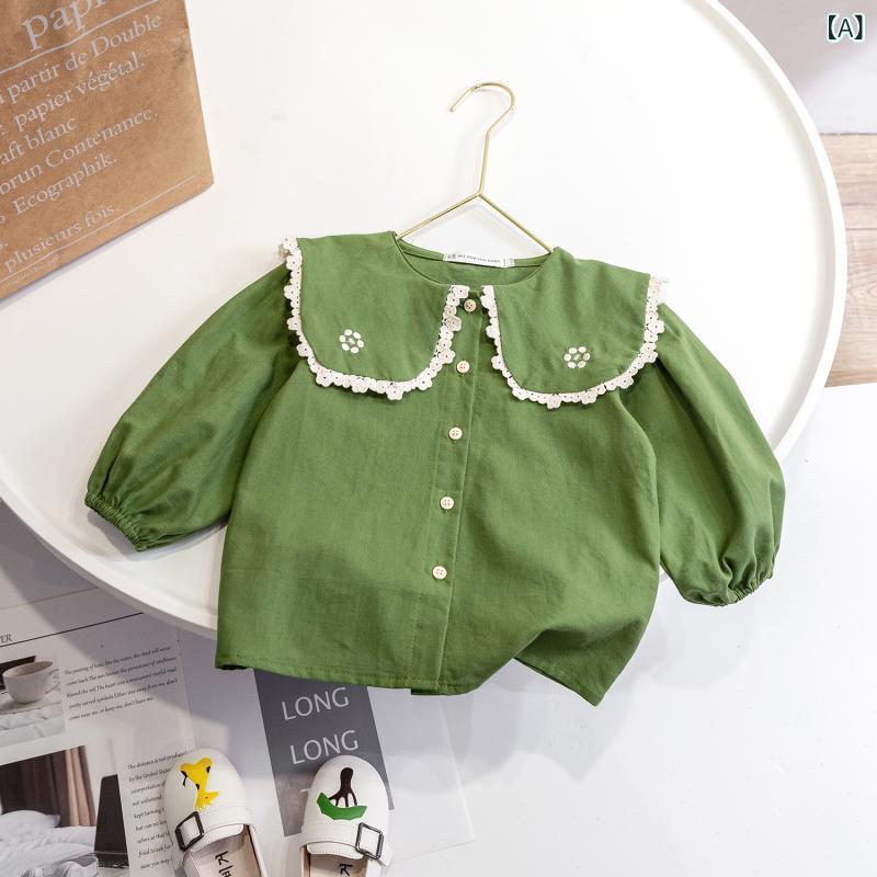 ・カテゴリ: キッズシャツ・スタイル: 韓国・性別: 女性・年齢層: 幼児(1〜3歳)・主な素材: 綿98%・ネックライン: 襟付き、丸襟・袖丈: 長袖・柄: 無地・装飾: レース・加工: 柔らか加工・季節: 春秋・カラー展開: グリーン、...