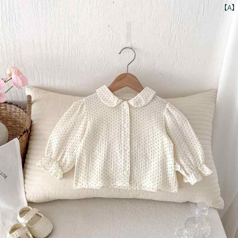 ・カテゴリ: キッズシャツ・対象: 女の子・対象年齢: 1〜3歳 (身長80〜100cm)・スタイル: 韓国・ネックライン: 襟付き・袖丈: 長袖・柄: ドット・デザイン要素: カーディガン、トレンド感・素材: 綿・安全基準: A類・カラー...