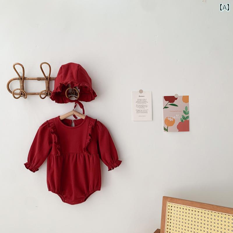 ・カテゴリ: ロンパース、カバーオール・スタイル: 韓国・デザイン: 三角ロンパース・主な素材: 綿95%・対象性別: 女の子・対象年齢: 新生児 (0～1歳、身長80cm以下)・袖丈: 長袖・開閉: ボタン1つ・カラー: ワインレッド・サ...