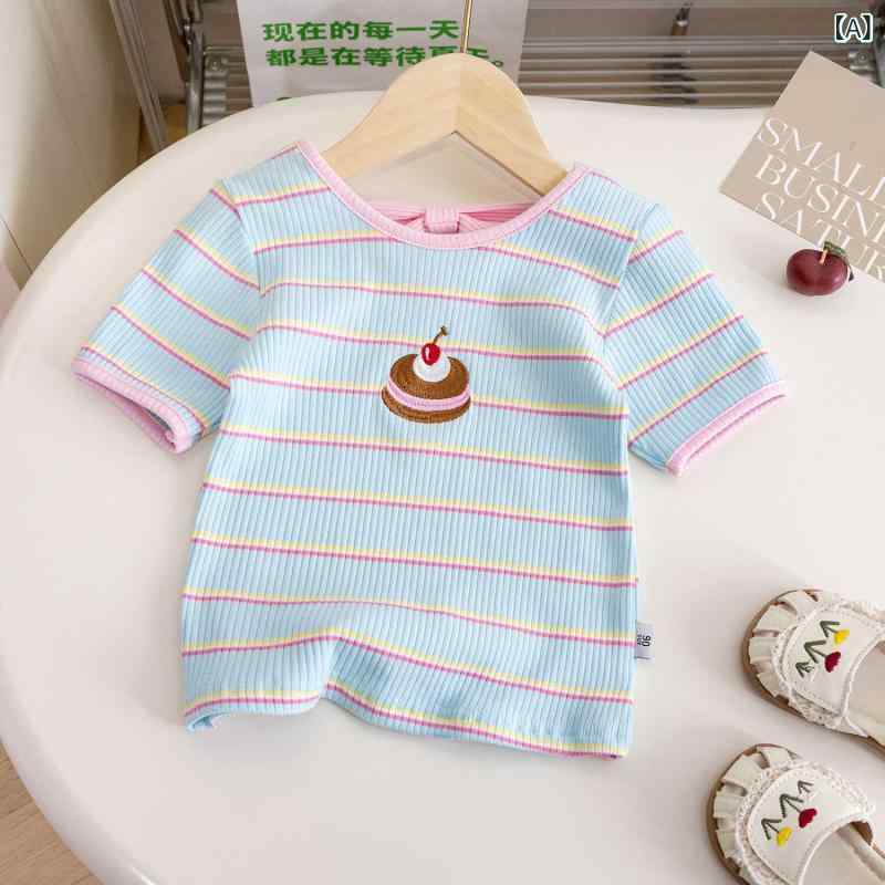 ・カテゴリ: キッズTシャツ・性別: 女の子・スタイル: 韓国・対象年齢: 1〜3歳 (80〜100cm)・主な素材: 綿95%・生地加工: 柔軟加工・ネックライン: クルーネック・袖丈: 半袖・柄: ストライプ・機能: 吸湿速乾・カラー展...