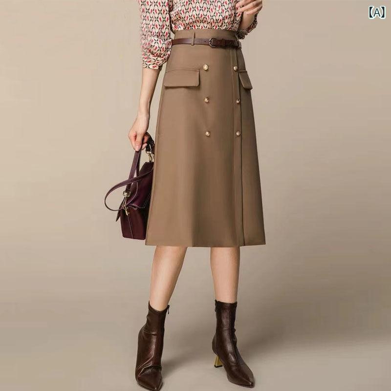 ・カテゴリ: スカート・スタイル: オフィス、アーバン・主な素材: デニム・柄: 無地・ディテール: ボタン・シルエット: Aライン・丈: ミディ丈・伸縮性: 高い・カラー展開: カーキ、ブラック・サイズ展開: S、M、L、XL、2XL、3...